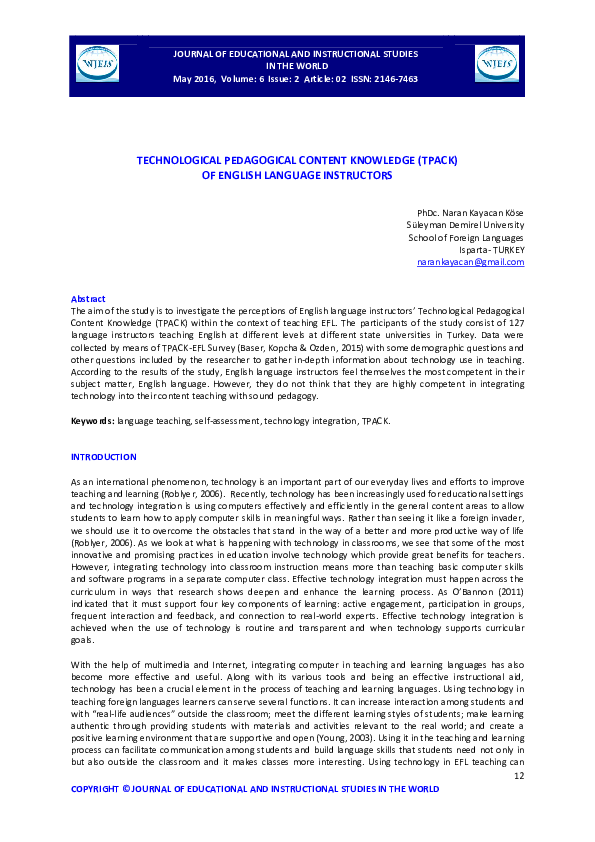 (PDF) TECHNOLOGICAL PEDAGOGICAL CONTENT KNOWLEDGE (TPACK) OF ENGLISH LANGUAGE INSTRUCTORS