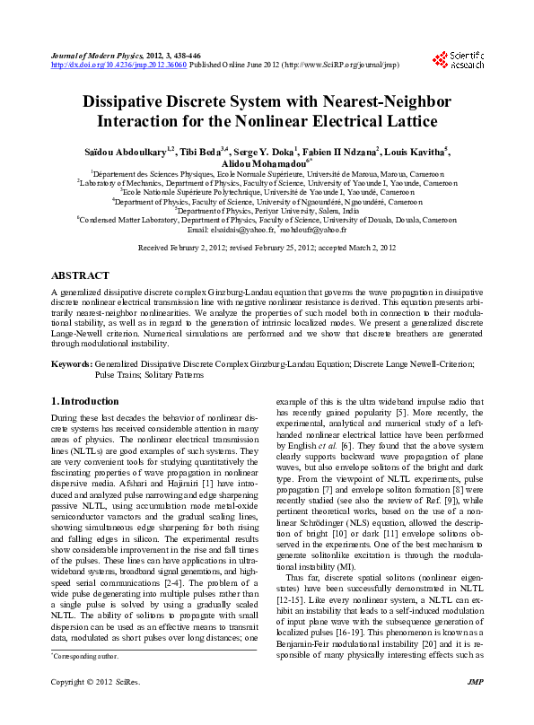(PDF) Dissipative Discrete System with Nearest-Neighbor Interaction for the Nonlinear Electrical ...