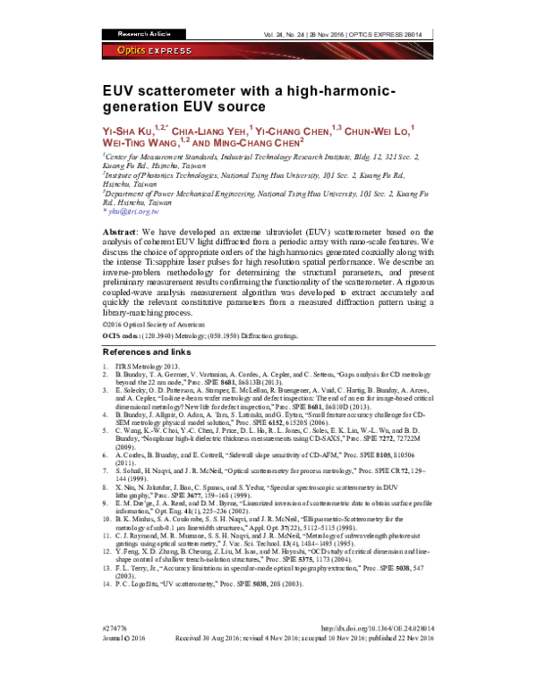 (PDF) EUV scatterometer with a high-harmonic-generation EUV source