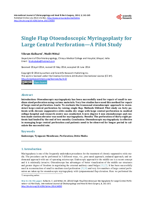 (PDF) Single Flap Otoendoscopic Myringoplasty for Large Central ...