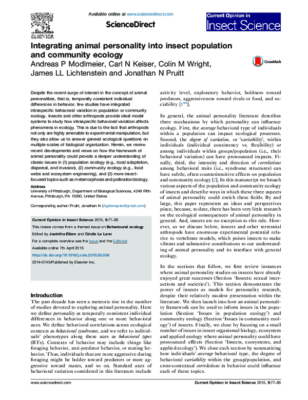 (PDF) Integrating animal personality into insect population and ...