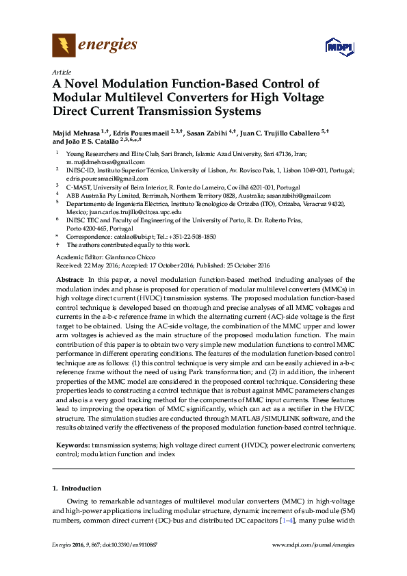 (PDF) A Novel Modulation Function-Based Control of Modular Multilevel Converters for High ...
