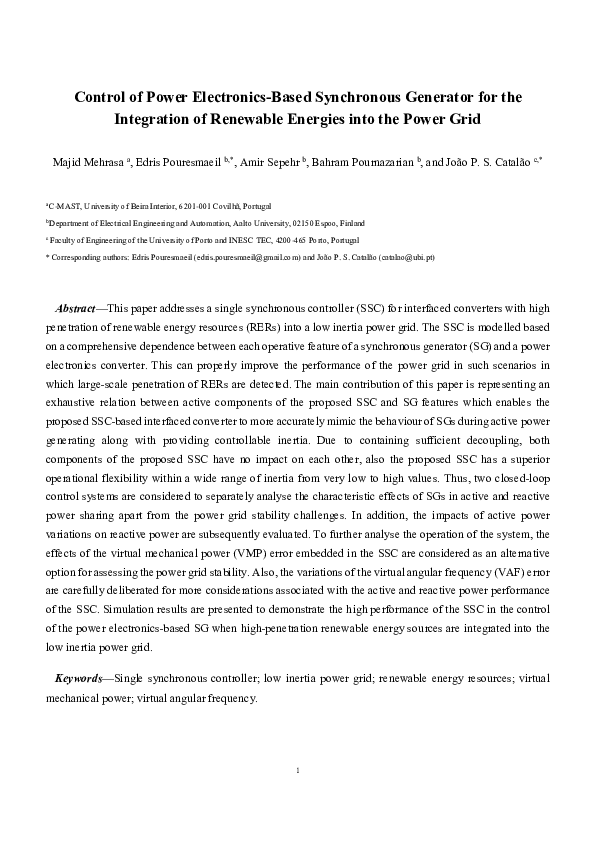 (PDF) Control of power electronics-based synchronous generator for the integration of renewable ...