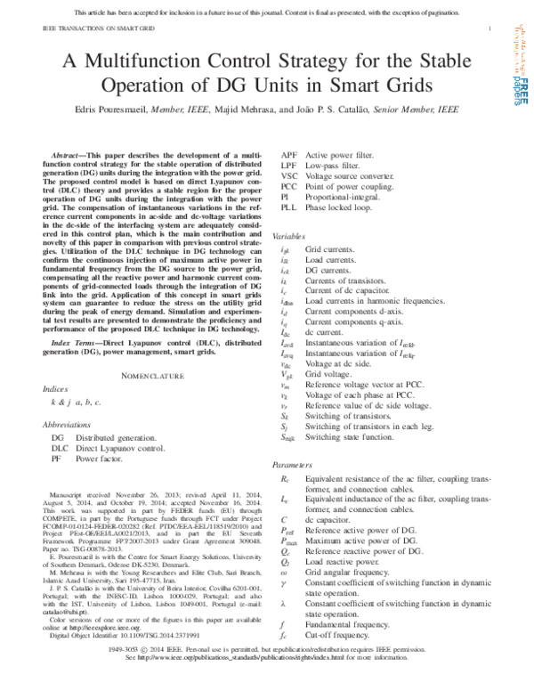 (PDF) A Multifunction Control Strategy for the Stable Operation of DG Units in Smart Grids