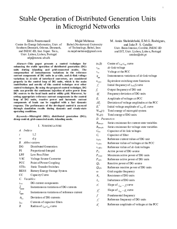 (PDF) Stable operation of distributed generation units in microgrid networks