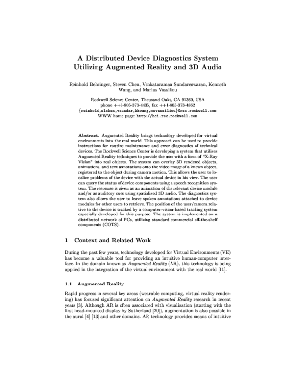A distributed device diagnostics system utilizing augmented reality and 3D audio