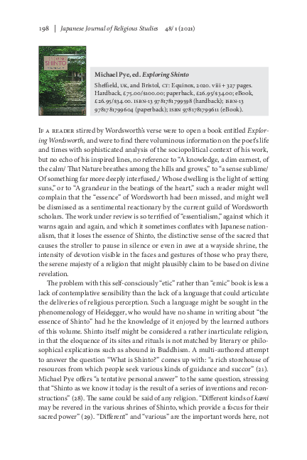 (PDF) Review of: Michael Pye, ed., Exploring Shinto