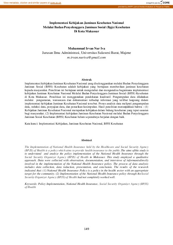 (PDF) Implementasi Kebijakan Jaminan Kesehatan Nasional melalui Badan Penyelenggara Jaminan ...
