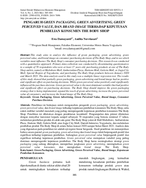 (PDF) Pengaruh Green Packaging, Green Advertising, Green Perceived Value, Dan Brand Image ...