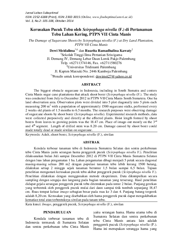 (PDF) Kerusakan Pucuk Tebu oleh Scirpophaga nivella (F.) di Pertanaman Tebu Lahan Kering, PTPN ...