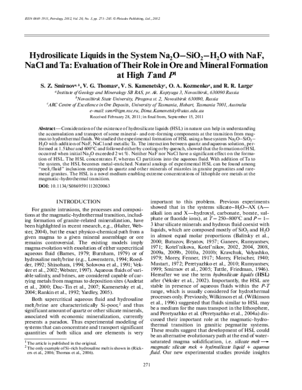 (PDF) Hydrosilicate liquids in the system Na2O-SiO2-H2O with NaF, NaCl ...