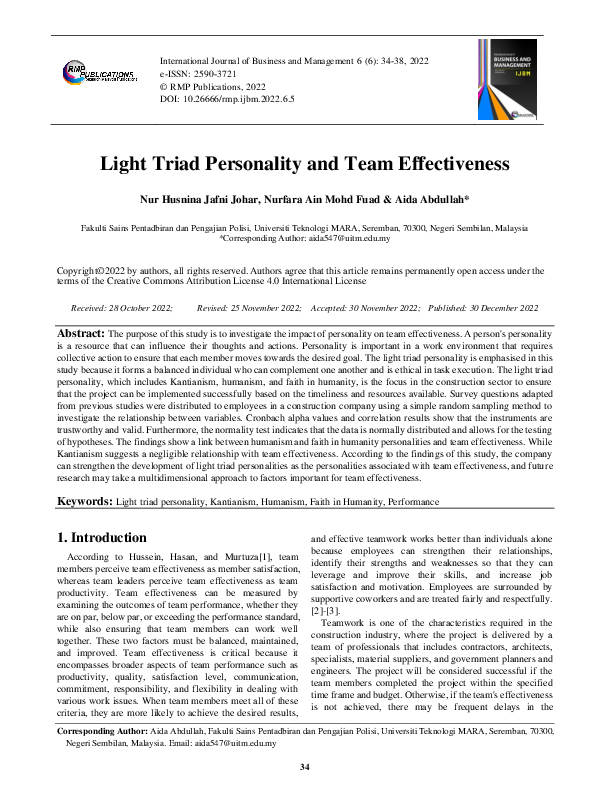 (PDF) Light Triad Personality and Team Effectiveness