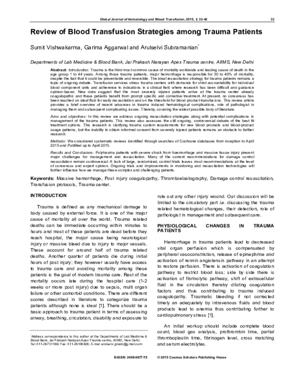 (PDF) Review of Blood Transfusion Strategies among Trauma Patients