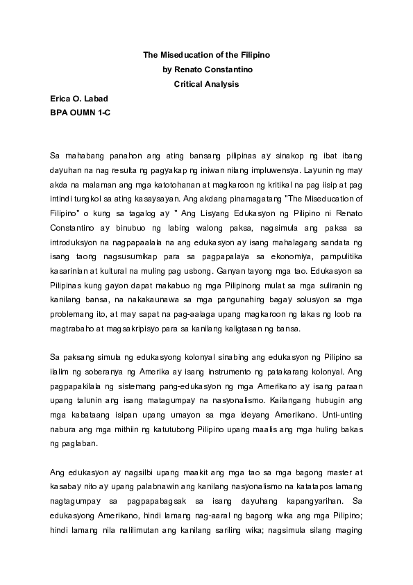 (DOC) The Miseducation of the Filipino by Renato Constantino Critical Analysis