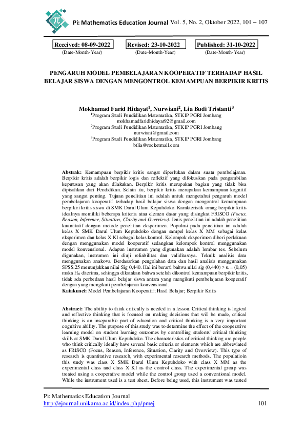 (PDF) Pengaruh Model Pembelajaran Kooperatif Terhadap Hasil Belajar Siswa Dengan Mengontrol ...