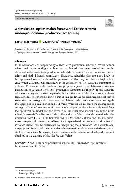 Pdf A Simulation Optimization Framework For Short Term Underground