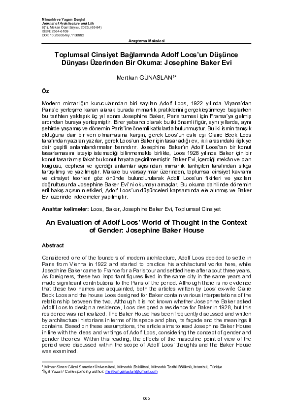 (PDF) Toplumsal Cinsiyet Bağlamında Adolf Loos'un Düşünce Dünyası ...