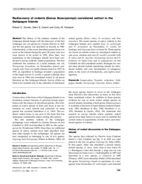 (PDF) Rediscovery of rodents (Genus Nesoryzomys) considered extinct in ...