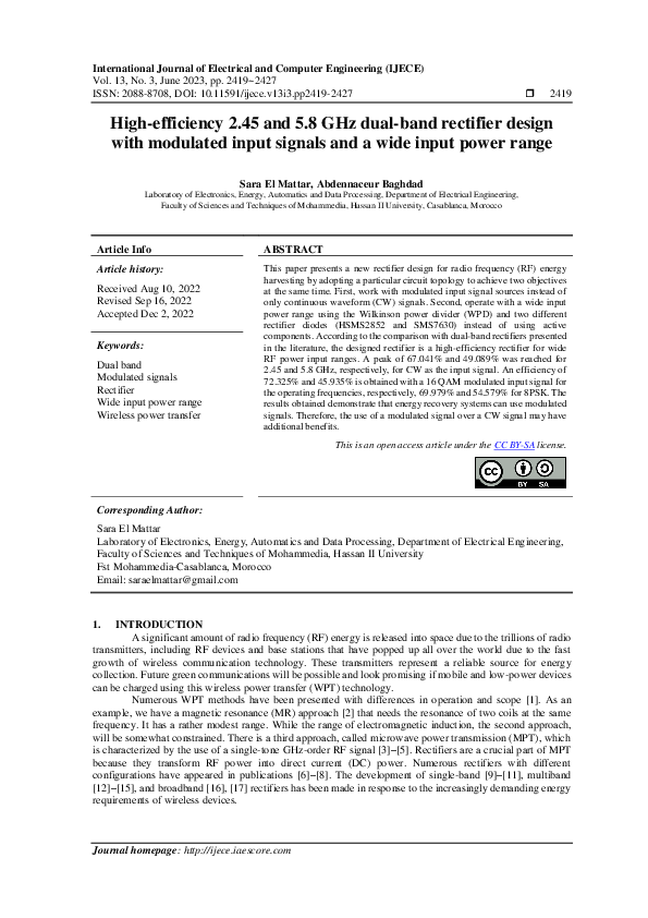 Pdf High Efficiency 245 And 58 Ghz Dual Band Rectifier Design With Modulated Input Signals