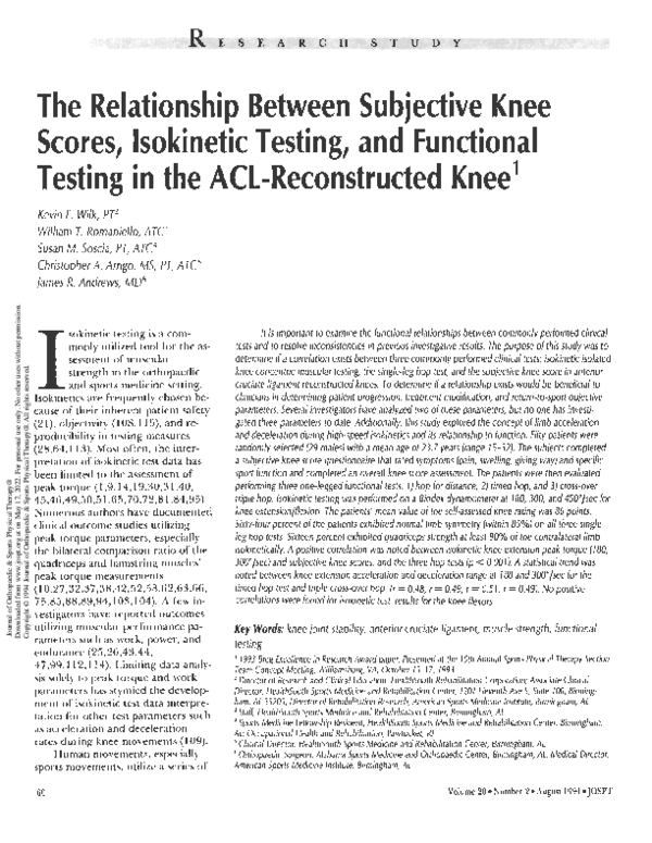 (PDF) The Relationship Between Subjective Knee Scores, Isokinetic ...
