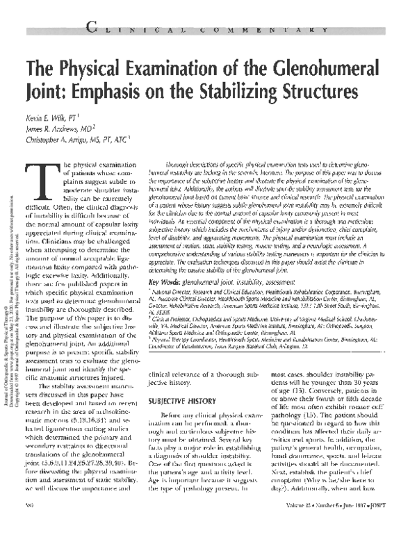 (PDF) The Physical Examination of the Glenohumeral Joint: Emphasis on ...