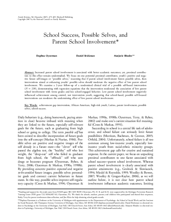 (PDF) School Success, Possible Selves, and Parent School Involvement*