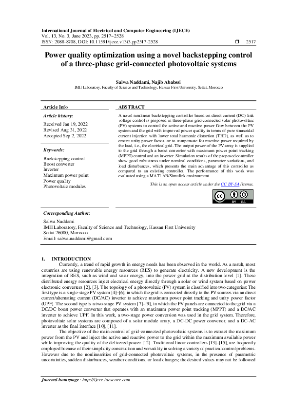 Pdf Power Quality Optimization Using A Novel Backstepping Control Of A Three Phase Grid