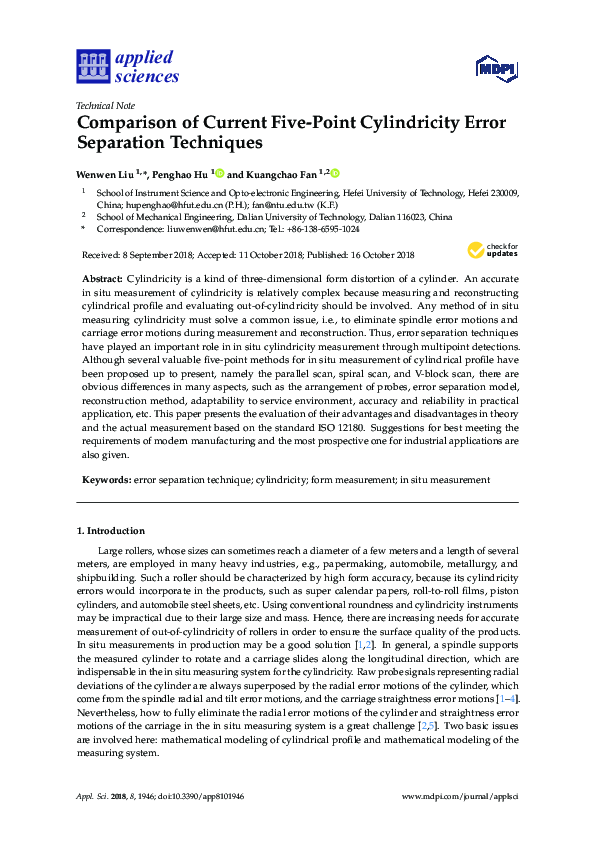 (PDF) Comparison of Current Five-Point Cylindricity Error Separation Techniques