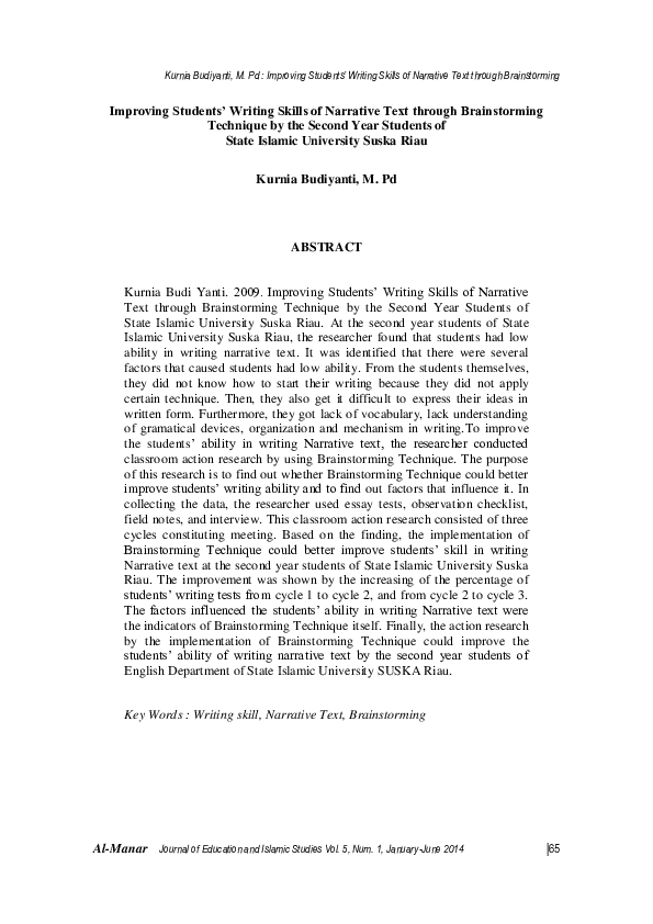 (PDF) Pd : Improving Students' Writing Skills of Narrative Text through Brainstorming Al-Manar