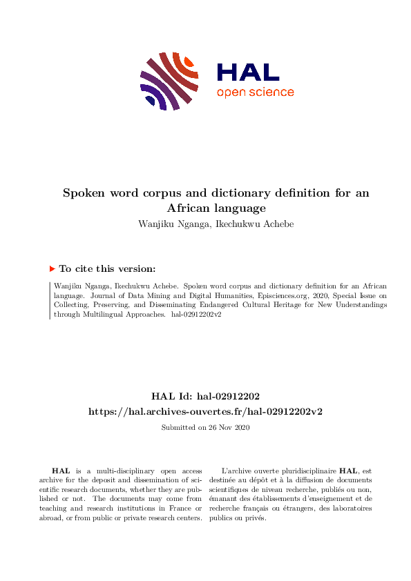 (PDF) Spoken word corpus and dictionary definition for an African ...