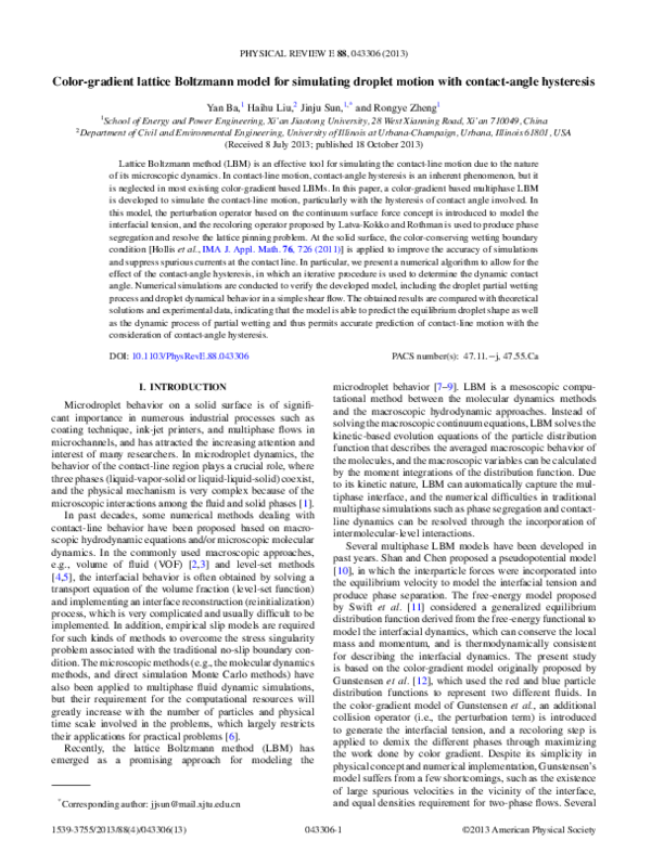 (PDF) Color-gradient lattice Boltzmann model for simulating droplet motion with contact-angle ...