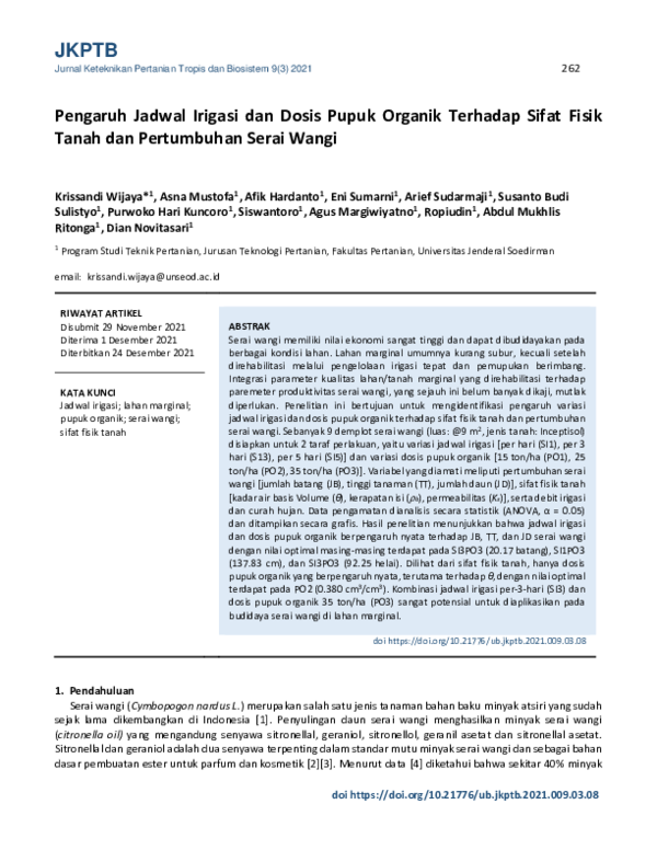 (PDF) Pengaruh Jadwal Irigasi dan Dosis Pupuk Organik Terhadap Sifat Fisik Tanah dan Pertumbuhan ...