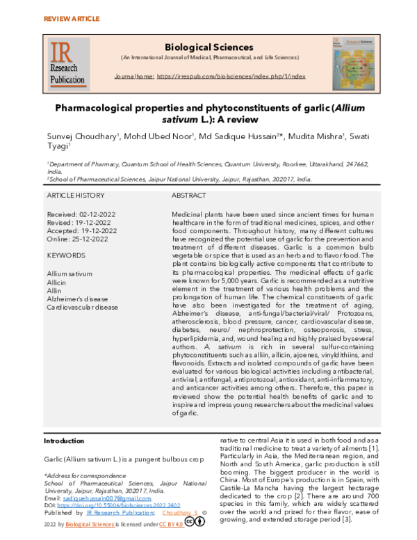 (PDF) Pharmacological properties and phytoconstituents of garlic (Allium sativum L.): A review