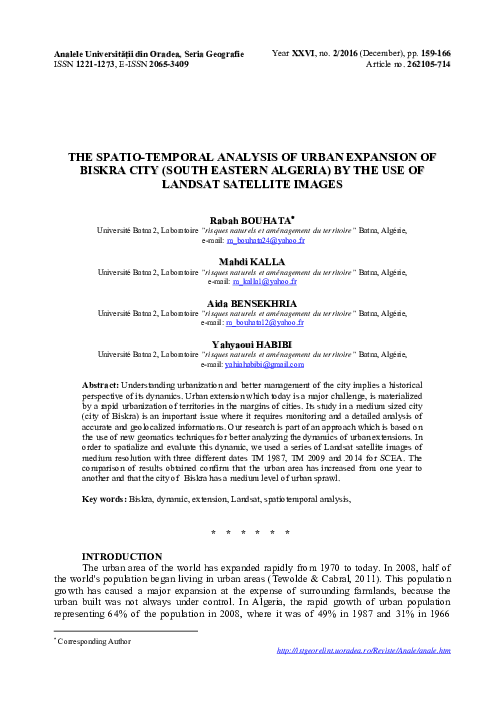 (PDF) The Spatio-Temporal Analysis of Urban Expansion of Biskra City (South Eastern Algeria) by ...