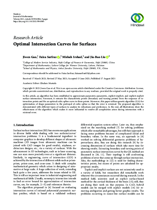 (PDF) Optimal Intersection Curves for Surfaces