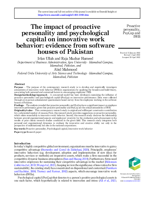 (PDF) The impact of proactive personality and psychological capital on innovative work behavior ...
