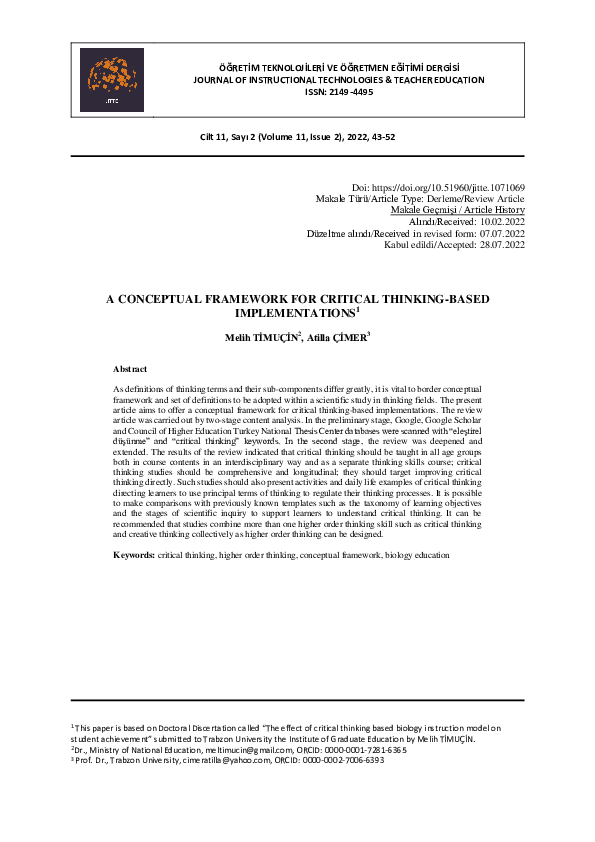(PDF) A Conceptual Framework for Critical Thinking-Based Implementations