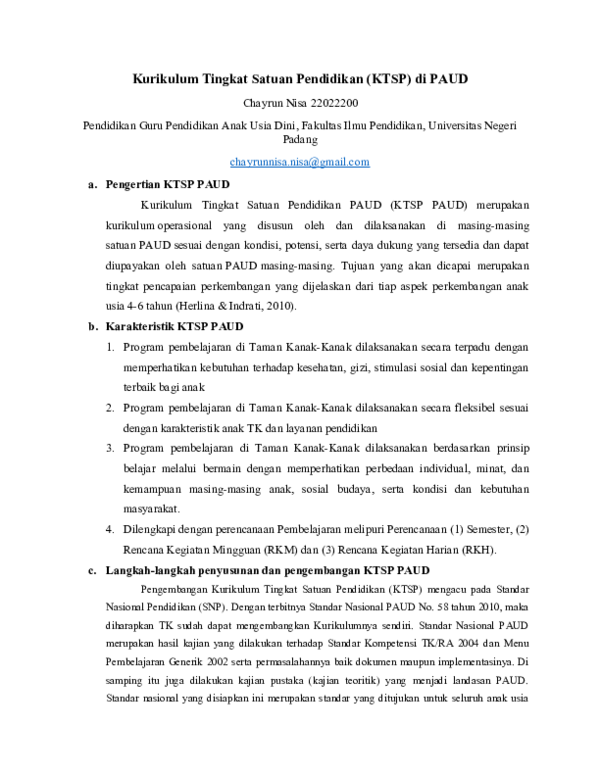 (DOC) Kurikulum Tingkat Satuan Pendidikan (KTSP) di PAUD | Chayrun Nisa ...