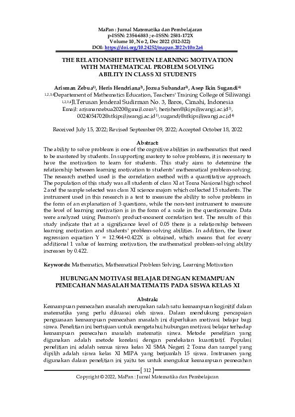 Pdf The Relationship Between Learning Motivation With Mathematical Problem Solving Ability In