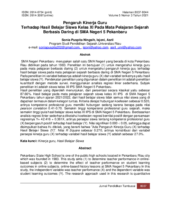 (PDF) Pengaruh Kinerja Guru Terhadap Hasil Belajar Siswa Kelas XI Pada Mata Pelajaran Sejarah ...