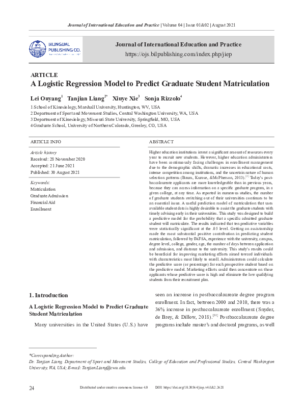 (PDF) A Logistic Regression Model to Predict Graduate Student Matriculation