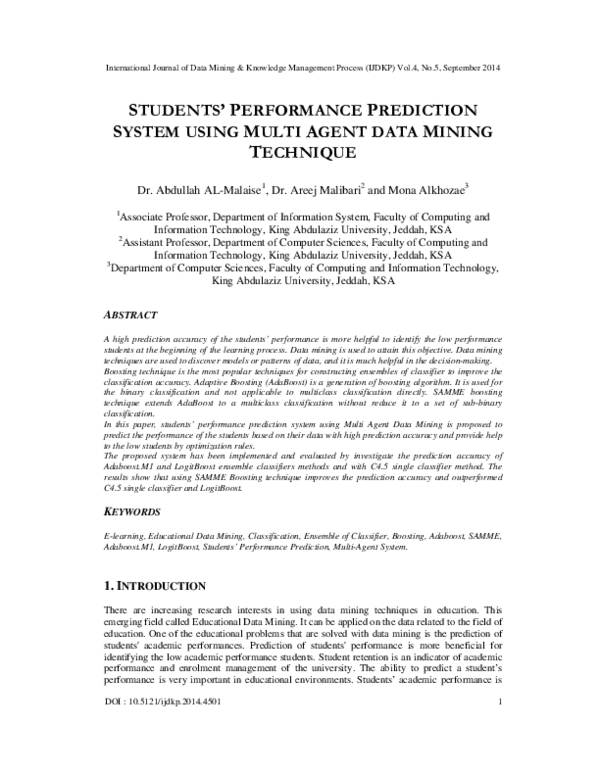 (PDF) Students Performance Prediction System Using Multi Agent Data Mining Technique