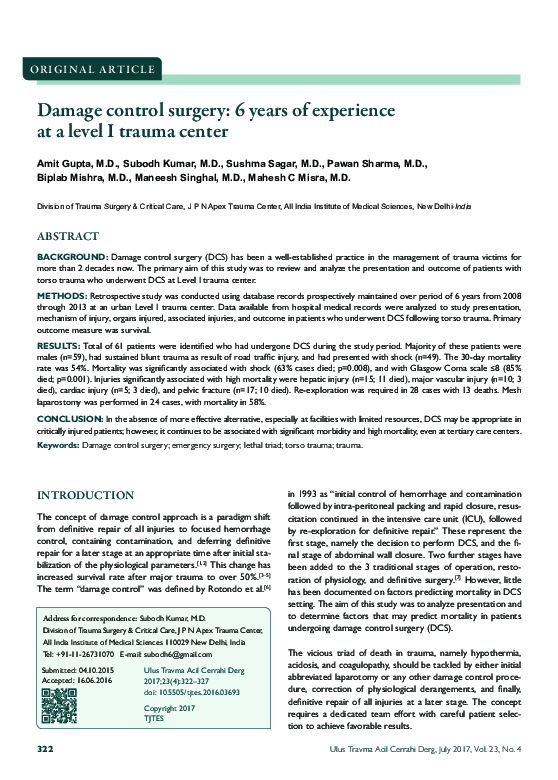 (PDF) Damage Control Surgery – 6 years experiences at a Level 1 Trauma ...
