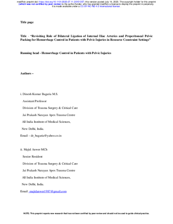 (PDF) Revisiting Role of Bilateral Ligation of Internal Iliac Arteries and Preperitoneal Pelvic ...