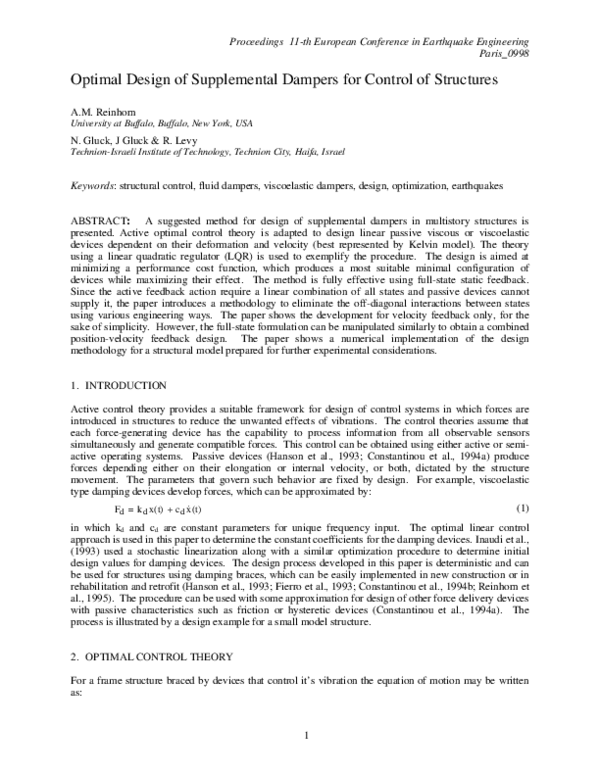 (PDF) Design of Supplemental Dampers for Control of Structures