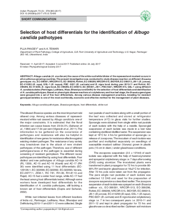 (PDF) Selection of Host Differentials for the Identification of Albugo candida Pathotypes