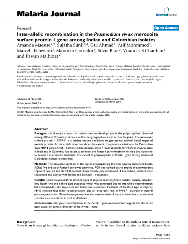 (PDF) Inter-allelic recombination in the Plasmodium vivax merozoite ...