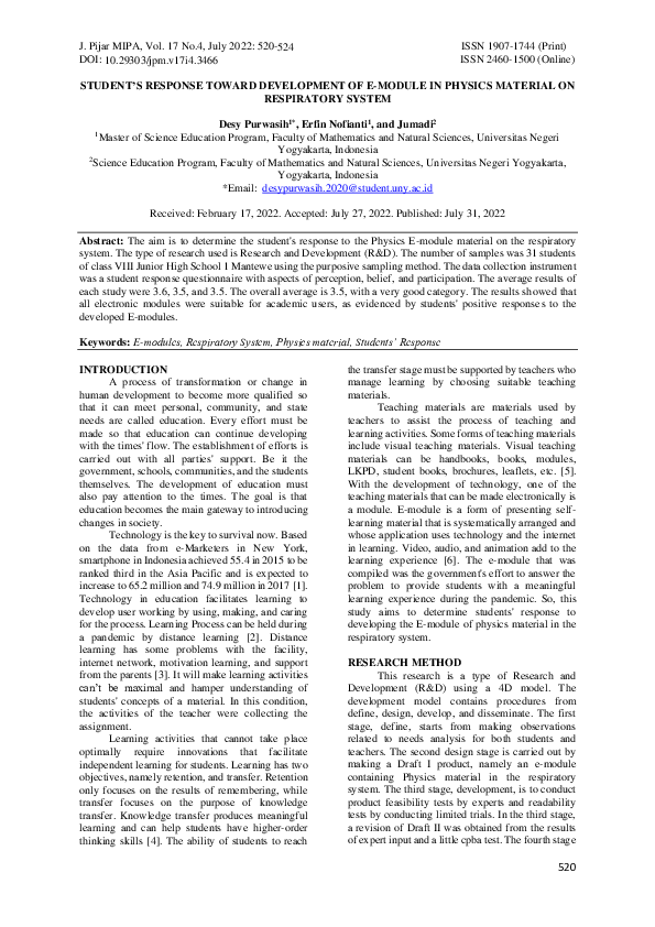 (PDF) Students response toward development of e-module in physics material on respiratory system