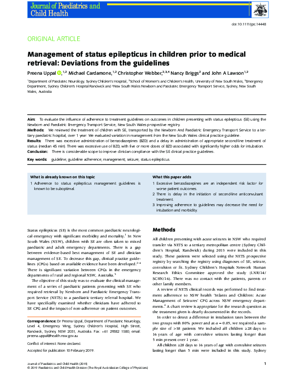 (PDF) Management of status epilepticus in children prior to medical ...