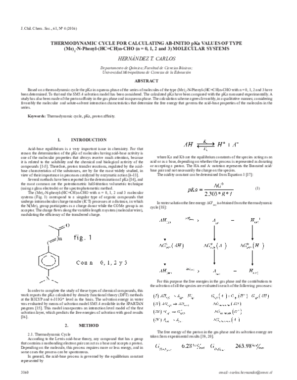 (PDF) THERMODYNAMIC CYCLE FOR CALCULATING AB-INITIO pKa VALUES OF TYPE (Me)2-N-Phenyl-(HC=CH)n ...